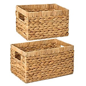 ZenStorage Wicker Storage Basket, Hand-Woven Water Hyacinth Bins for Shelves/Cabinet, Square Wicker Basket with Handles for Organizing Tissue/Book/Magazine/Toy/Blanket, Small&Large, 2 Pack, Natural