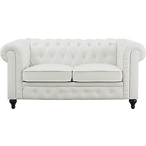 Naomi Home Emery Chesterfield Leather Loveseat, Mini Sofa Sleeper Loveseat, Small Sofa Bed with Rolled Arms, Tufted Cushions 2 Seater Sectional Small Loveseat for Small Spaces, Living Room White