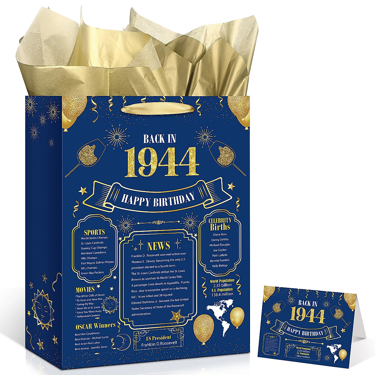Blue 80th Birthday Gift Bag, 16" Large Size Navy Blue Gold Back in 1944 Happy Birthday Gift Wrap Bag Decorations with Tissue Paper Back in 1944 Card for Men 80 Anniversary Party Wrapping Bags Supplies