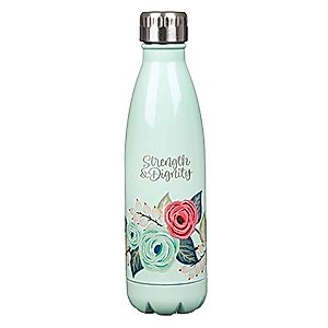 Christian Art Gifts Stainless Steel Double Wall Vacuum Insulated Laser Engraved Water Bottle: Strength & Dignity Inspirational Bible Verse for Hot & Cold Beverages, Mint Green Floral, 17 oz.