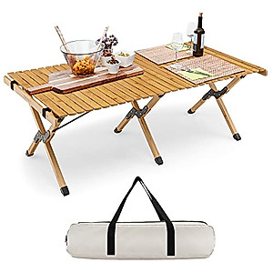 COSTWAY Folding Picnic Table, Portable 4ft Roll Up Camping Table with Storage Bag, for 4-6 People, Low Height Foldable Bamboo Bench Table, for Indoor & Outdoor Party, BBQ and Hiking(Natural)