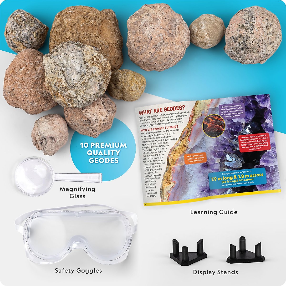 NATIONAL GEOGRAPHIC Break Open 10 Premium Geodes – Includes Goggles, Detailed Learning Guide & 2 Display Stands - Great STEM Science Gift for Mineralogy & Geology Enthusiasts of Any Age