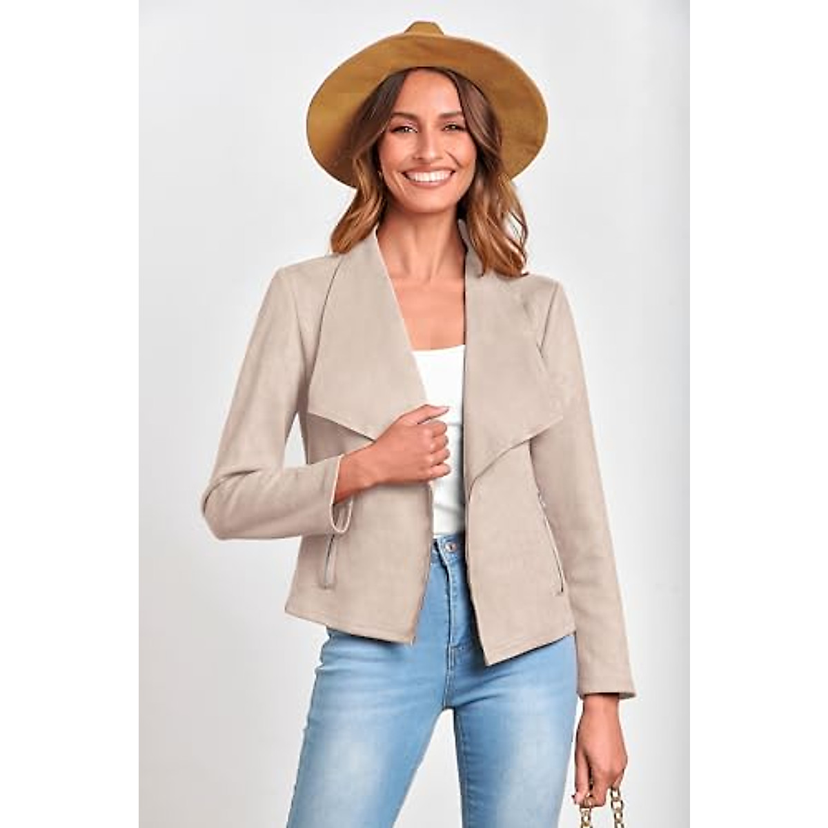 PRETTYGARDEN Women's Faux Suede Jackets 2023 Fall Clothes Long Sleeve Open Front Cropped Coat Outwear (Beige Apricot,Small)