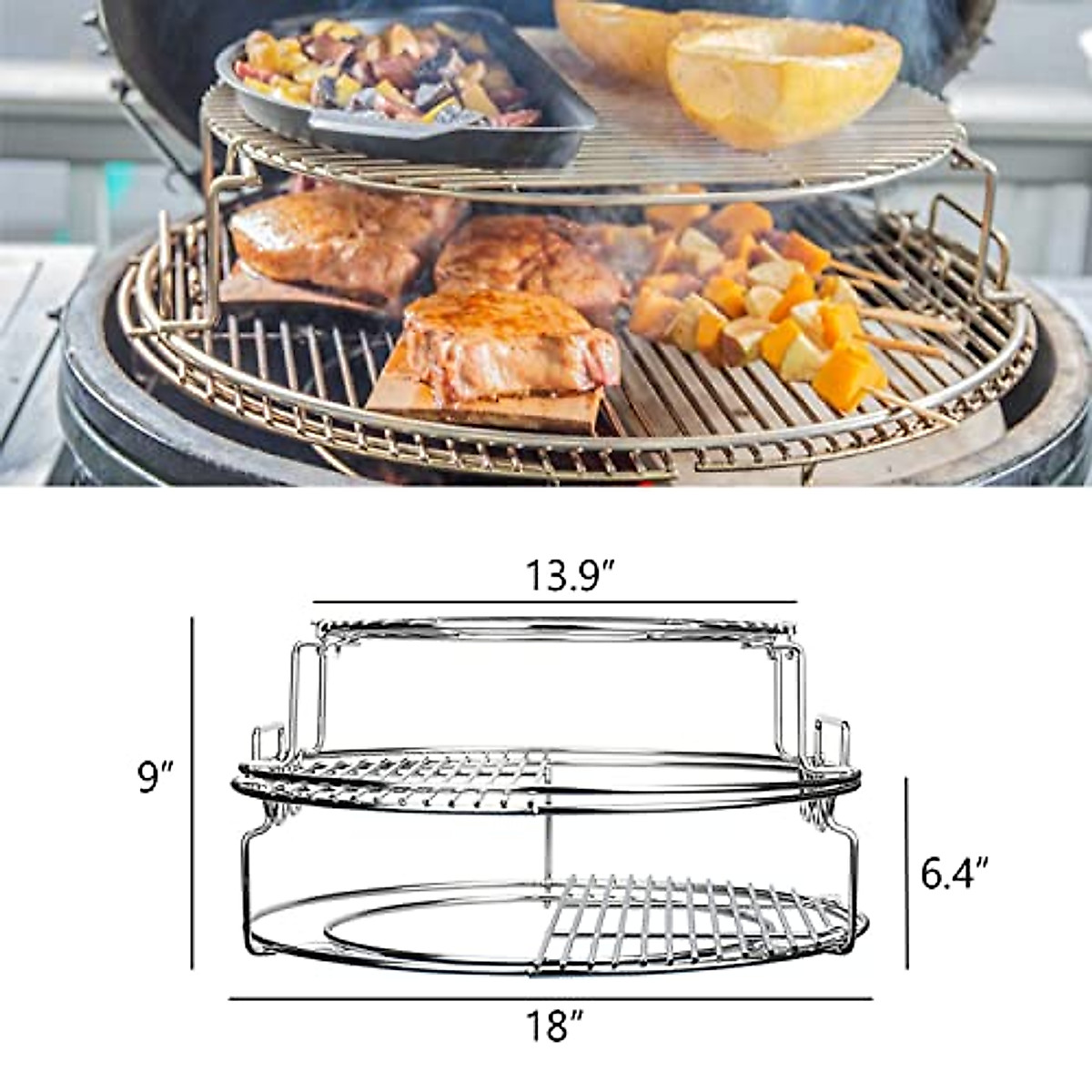 Burly grill Eggspander Kit for Large Big Green Egg, Eggspander 5 Piece Kit Conveggtor Basket Stainless Steel Grill Stack Rack with Removable Cooking System Expander Rack Replacement Kit