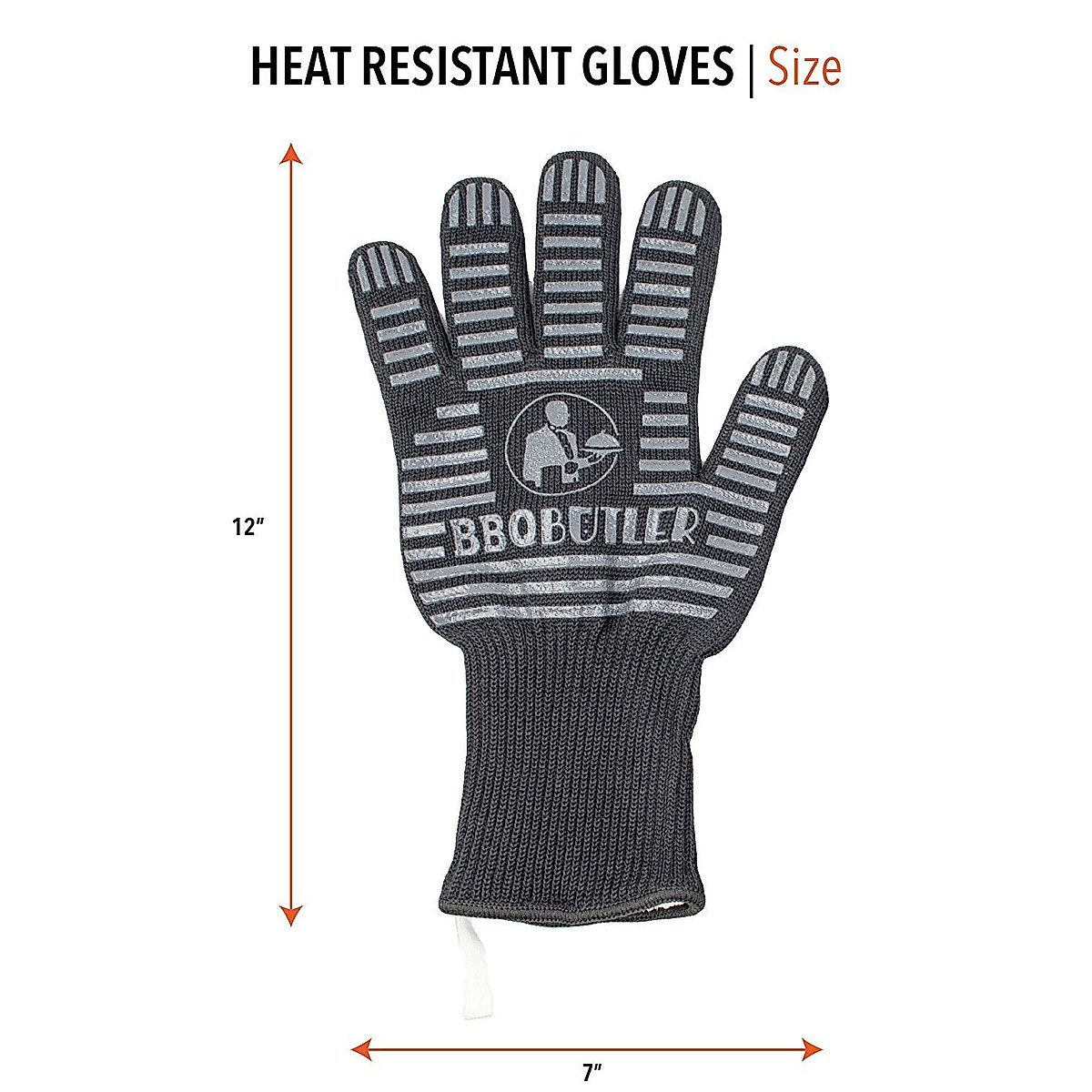 BBQ Butler Heat Resistant Grill Gloves - Grilling/Oven/Smoking/BBQ/Campfire Gloves - Cooking Gloves - High Heat Resistance - Silicone Grip Strips - Black - Two Gloves