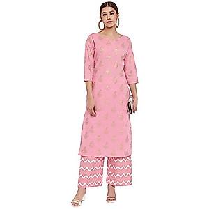 Janasya Women's Pink Foil Printed Cotton Kurta with Palazzo