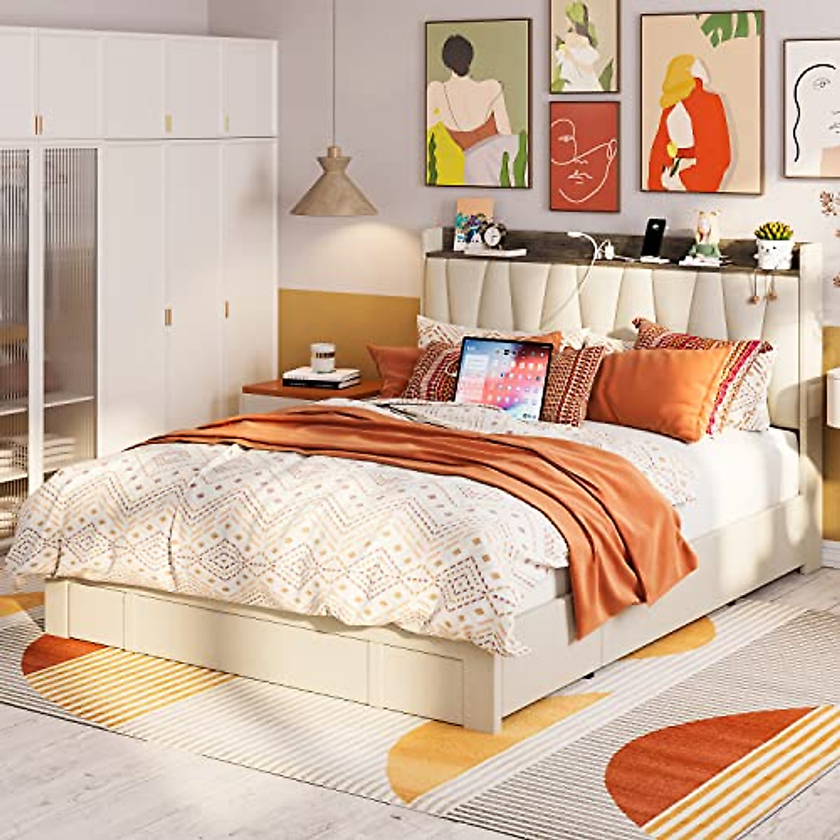 ANCTOR Full Size Bed Frame with 3 Drawers, Upholstered Platform Bed with Storage Headboard and Charging Station, No Box Spring Needed, Easy Assembly