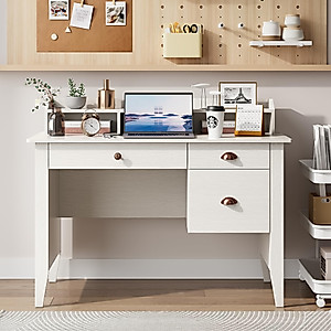 TTVIEW Computer Desk with USB Charging Port and Storage Drawers, Writing Study Table with Hutch Shelf and File Drawer, Executive Desk with 47" Wide Tabletop for Home Office Bedroom, White Oak