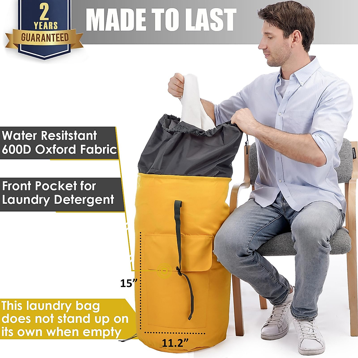 College Dorm Laundry Bag Extra Large, 115L Laundry Backpack for College, Heavy Duty Laundry Bag for Camp, Yellow Backpack Laundry Bag, Dirty Clothes Bag for Dorm, Trips, Laundromat, Apartment