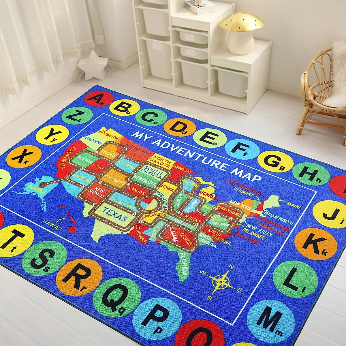 Capslpad Kids Rug USA Map Kids Play Rug 6'6"x 5' Large Size ABC Alphabet Educational Learning Classroom Area Rug Non Skid City Road Car Rug Play Mat for Children Bedroom Playroom Nursery Room
