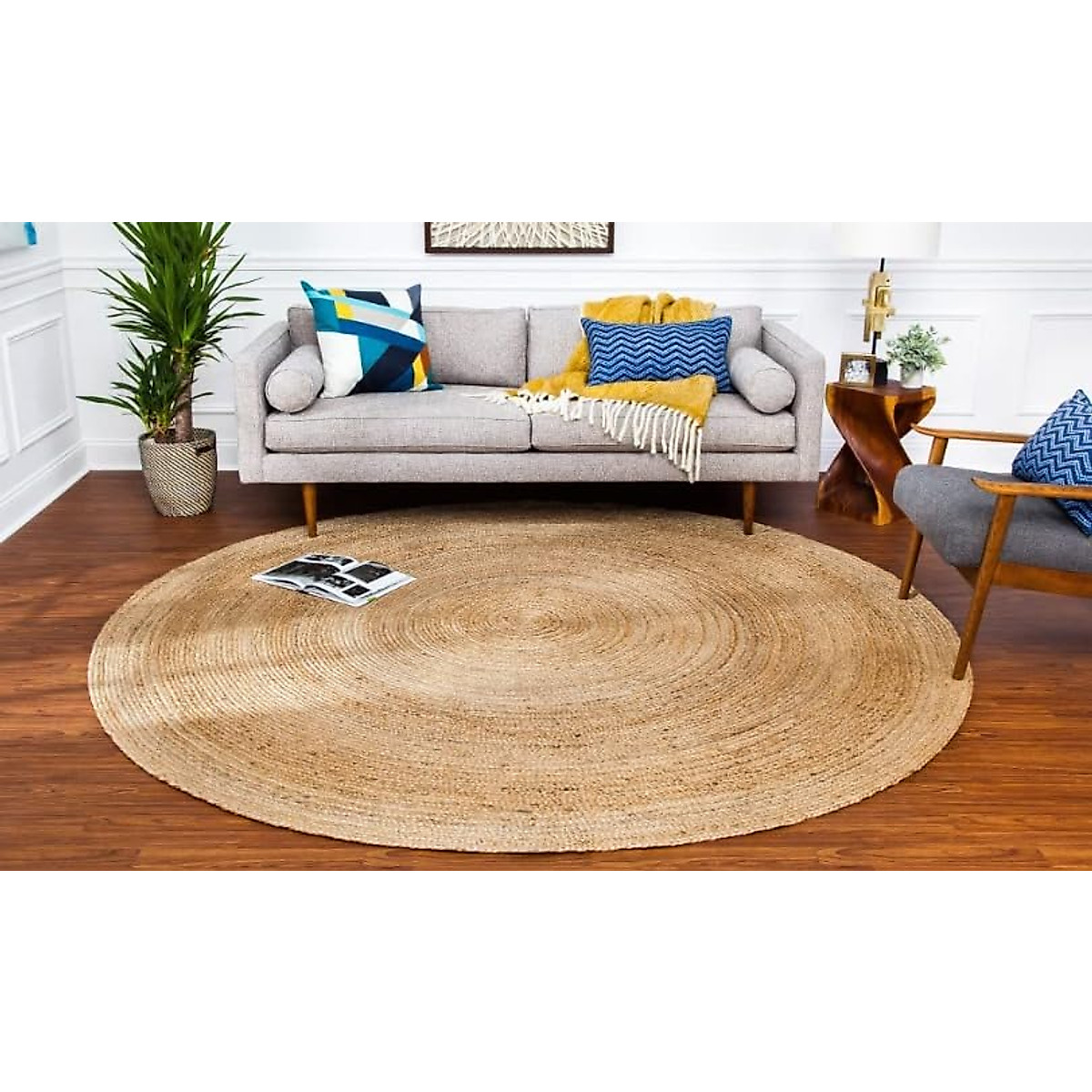 India Artistic Jute Braided Boho Area Rug, Natural Hand Woven Jute Rag Rug- Farmhouse Reverisible Rug Rustic Cotton Jute Rug Home Décor Vibrant Rag Rugs (3 Feet Round)