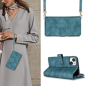 Jaorty Crossbody Phone Case for iPhone 15 with Strap,Shoulder Lanyard,for iPhone 15 Wallet Case for Women with Card Holder,Zipper Pocket Magnetic Flip Leather Protective Case,6.1" Blue