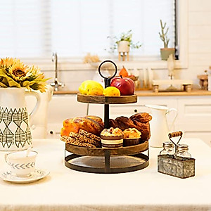 SOFFEE DESIGN 2 Tiered Serving Tray, Wood Cake Stand with Metal Handle, Rustic Farmhouse Easter Tiered Serving Tray, Tabletop Display Food Fruits Afternoon Tea Cupcake Organizer for Home Office