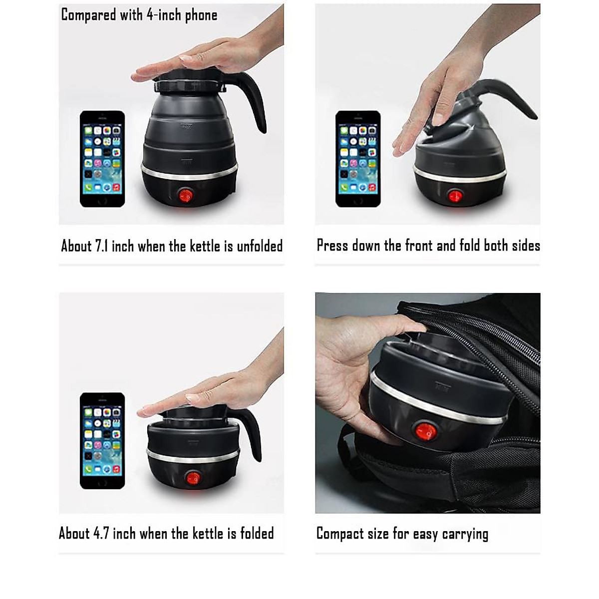 VANZO Foldable Electric Travel Kettle - Portable and Convenient Silicone Collapsible Water Boiler and Tea Pot for Camping - Easy Storage with Detachable Power Cord (Black) , (WHH-649)