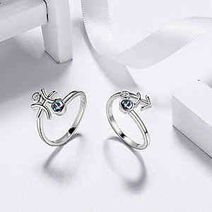 Aurora Tears Pisces Zodiac Rings Women 12 Constellation Horoscope Sign 925 Sterling Silver Mystic Rainbow Topaz Astrology Star Adjustable Birthday Gifts Fire Topaz Present DR0087Y
