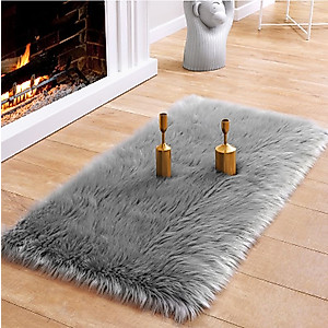 Ciicool Grey Fur Rug Fluffy Rug, 2x4 ft Small Faux Fur Rug for Bedroom, Washable Faux Sheepskin Rug for Sofa Couch Seat Cushion, Thick Shaggy Furry Rugs Floor Carpets for Bedside Living Room