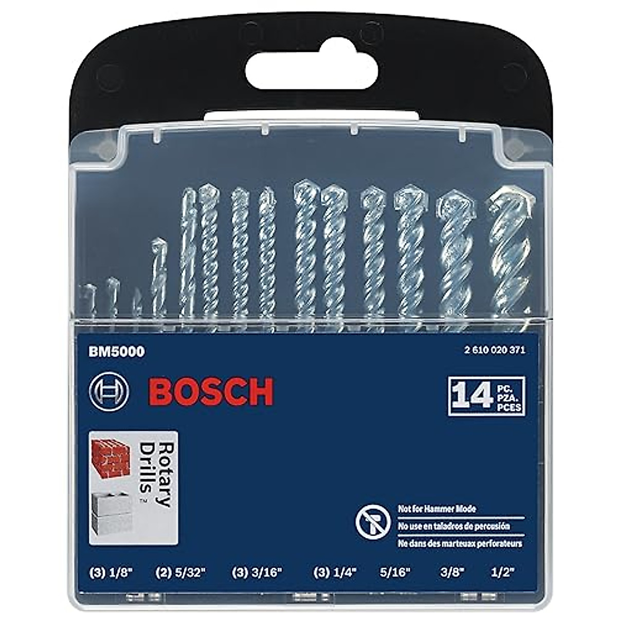 BOSCH BM5000 14-Piece Fast Spiral Rotary Masonry Carbide Tip Bits Assorted Set for Rotary Drilling Applications in Block, Brick, Masonry