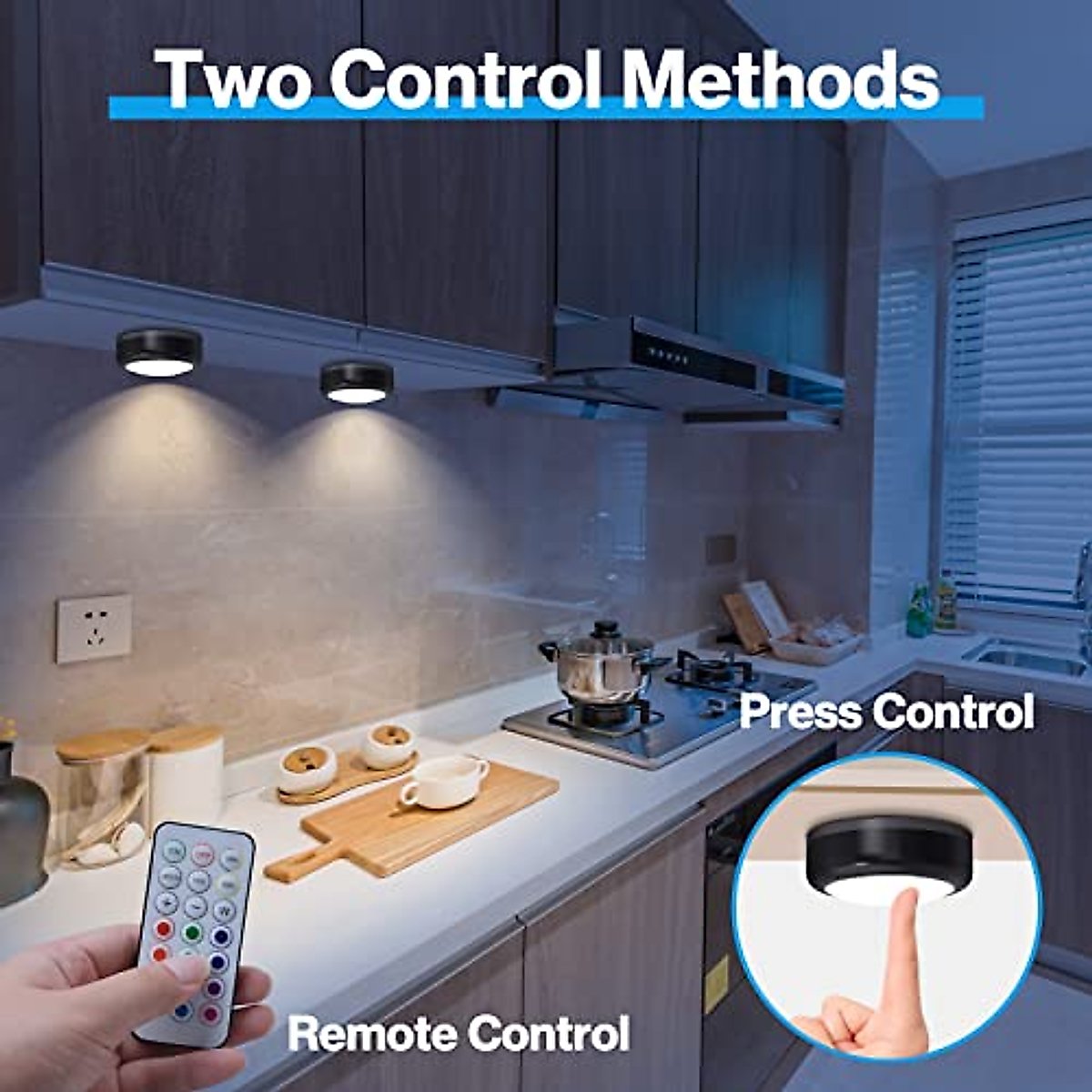 Cadrim Puck Lights, 6 Pack 13 Colors Changeable LED Puck lightings Battery Powered Dimmable Under Cabinet Lights, Battery Powered Under Counter Lights with 2 Wireless Remote Controls, Black