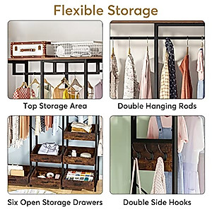 Tribesigns Closet Organizer with 6 Open Drawers, Heavy Duty Freestanding Clothes Garment Rack with 2 Hanging Rods, Shelf and Hooks, Large Metal Clothing Rack Open Wardrobe for Bedroom, Rustic Brown