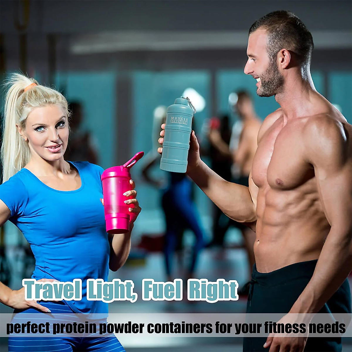 Stackable Protein Powder Travel Container with Carabiners & Funnels, Portable Protein Powder Container to Go, Protein Powder Funnel Set, Travel Protein Powder Containers for Fitness, Travel (BLUE)