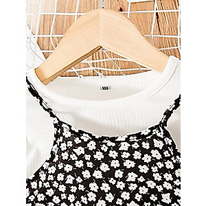 MakeMeChic Baby Girl's 2 Piece Outfits Solid Short Sleeve Tee Shirt Floral Cami Dress Set Black and White 110