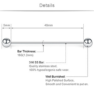 SCERRING 6PCS 16G Industrial Barbell Cartilage Earring Body Piercing Jewelry 1 5/8"(40mm) - Silver