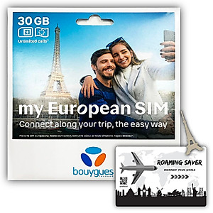 Europe France SIM Card 30 Days 30 GB 4G LTE/5G Data, Unlimited Talk, Text+ 30 Euro International Calling Credit - Activate in France Required Before Service Available in Other Europe Countries