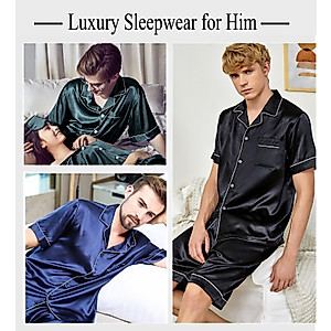 SWOMOG Satin Matching Pajamas Sets Couple Silk Button Down Nightwear Men & Women Short Sleeve Sleepwear 2 Pieces Loungewear Black