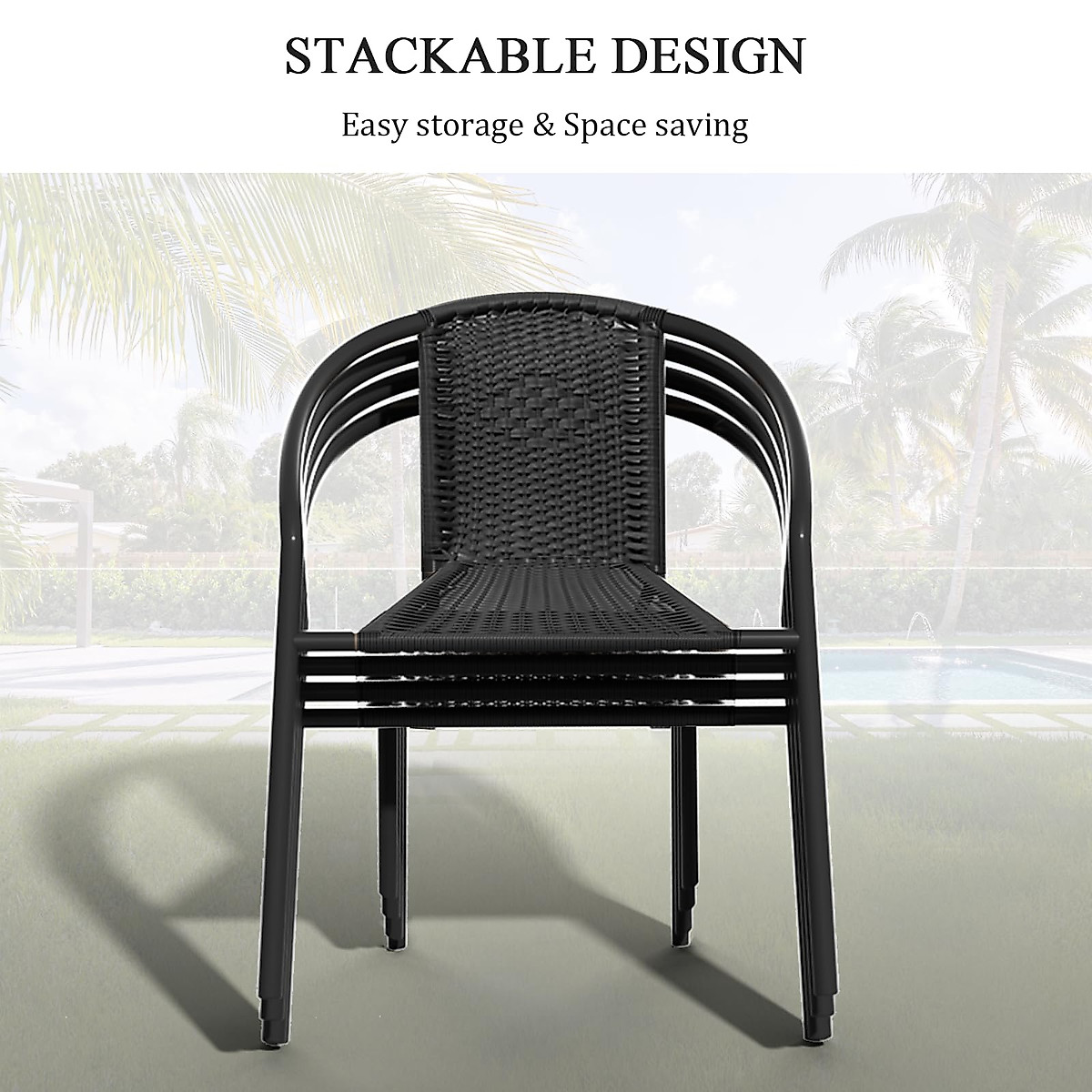 gaildon Outdoor Chairs Set of 4 Patio Chairs, Outdoor Dining Chairs - Stackable Wicker Rattan Chairs with Metal Frame for Balcony, Deck, Bistro, Backyard, Porch (4 Pack, Black)