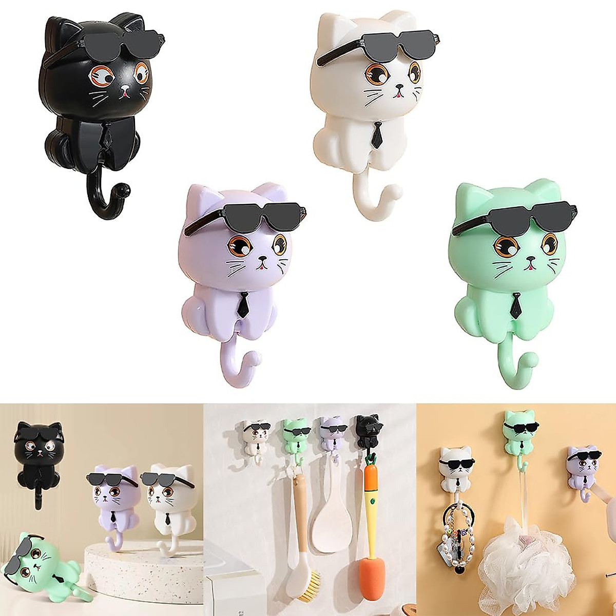 4pcs Cute Cat Key Hook, Cat Hooks for Wall, Creative Adhesive Cute Pet Hooks Coat Hook, Cute Key Holder for Wall,Practical Cat Hooks for Key, Scarf, Hat, Towel, Coat, Bag