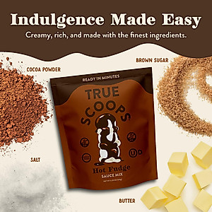 True Scoops Beginner's Pack - Chocolate Ice Cream Mix & Salted Butterscotch Sauce Mix. Add One Ingredient - Half & Half! Makes 1 Pint of Ice Cream And 1 Cup of Sauce. Women-Owned, Gluten-Free, Peanut-Free, and Kosher.