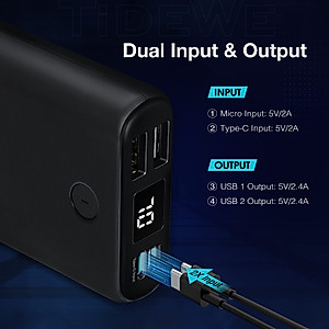 TIDEWE Power Bank, Rechargeable Battery Pack for Heated Vest, Jackets, Pants and Seat Cushion Cover, USB-C 10000mAh Portable Charger with Dual Output Port for iPhone, Samsung Galaxy, and More