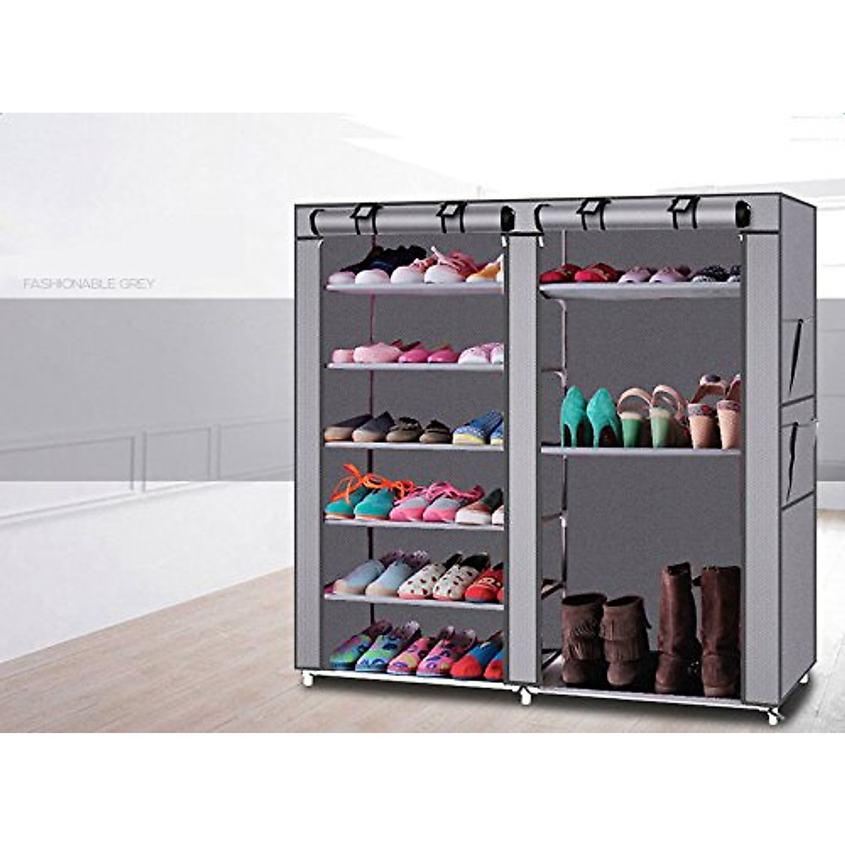 27-Pairs Portable Shoe Rack Double Row 9 Lattices Shoe Storage Organizer Cabinet Tower with Dustproof Cover (grey)
