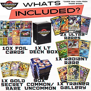 Legendary Treasures Limited Edition Golden Deck Box Bundle | 100+ Assorted Pokemon Cards | Guaranteed Gold Secret Rare + 2 Ultra Rares | 10 Holo Foils | 1 Trainer Gallery Card | 1 Radiant Rare