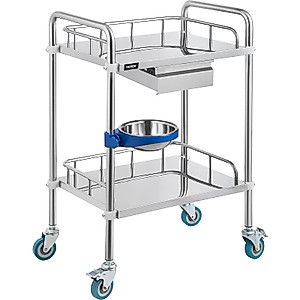 VEVOR Lab Cart 2 Layers Dental Cart with 1 Drawer Stainless Steel Cart 1 Refuse Basin Lab Utility Cart w/Silent Omnidirectional Wheels Stainless Utility Cart for Laboratory Hotel Restaurant Home Use
