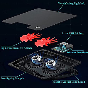 KEROLFFU Laptop Cooling Fans 15.6 14 13 Inch (Big 2Fans 5.52 Inch, Double Sides Built-in USB Line, Back Feet Stand) Fit Apple Air/Pro/MacBook