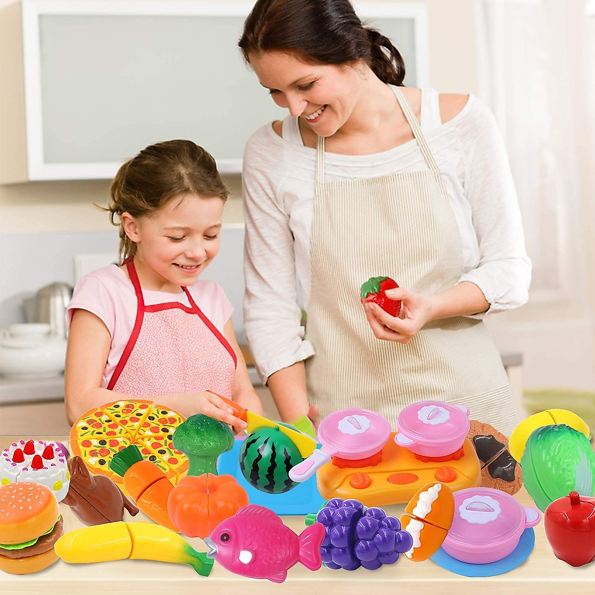 DigHeath Pretend Play Food Set,Kitchen Cutting Toys,BPA Free Plastic Fruits & Vegetables for Kids with Realistic Basket,Knife and Chopping Board,Best Children Educational Play Set