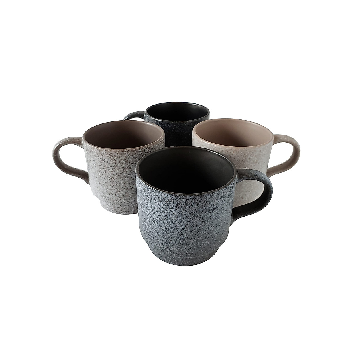 Essential Drinkware 14oz Classic Stackable Ceramic Coffee Mugs, Assorted Colors - Set of 4 Space Saving Durable Stacking Cups with Speckled Finish
