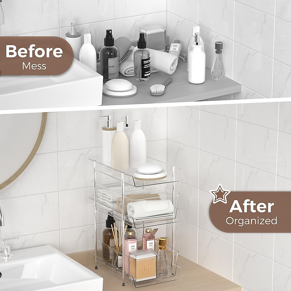 3 Tier Clear Bathroom Organizers, Pull Out Organizers and Storage, Slide Out Acrylic Drawer Organizer with 6 Dividers, Multi-Purpose Bathroom Organizer, Under Sink Organizer, Medicine Cabniet Bins