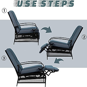 Crownland Outdoor Patio Furniture Adjustable Reclining Lounge Chair Set, Patio Black Metal Recliner with Peacock Blue Removable Cushion (2 Pieces)