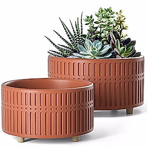 LE TAUCI Succulent Pots, 6.5+8 Inch Ceramic Indoor Plant Pot with Drainage Hole, Modern Round Decorative Flower Pot, Gifts for Mom, Set of 2, Terracotta Color