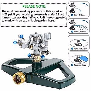 STYDDI Metal Pulsating Impact Sprinkler with Metal Base, Heavy Duty Adjustable Circular Zinc Impulse Sprinkler for Lawn, Yard and Large Area, Water Coverage up to 5,800 Sq. ft