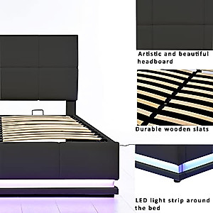 BIADNBZ Queen Size Bed Frame with Headboard and Hydraulic Storage System, Modern PU Versatile Platofrm Bedframe w/LED Lights&USB Charger for Bedroom/Guest Room, Black