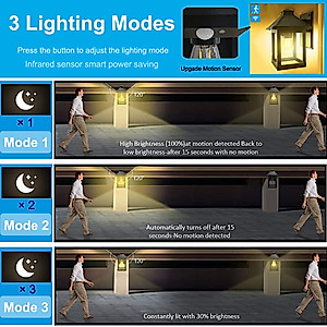 Solar Wall Lanterns Light Outdoor with 3 Modes, GEYUEYA 2 Pack Wireless Solar Motion Sensor LED Wall Sconce Lights Waterproof Warm Lighting Porch Light Fixtures for Patio Porch Garden Yard - No Glass