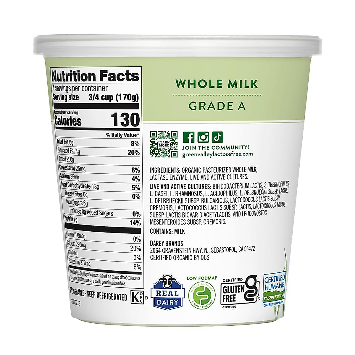 Green Valley Lactose Free Organic Whole Milk Plain Yogurt, 24 Ounce