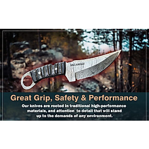 TAC Knives - Bushcraft Survival Knife12T27 Damascus Steel Fixed Blade outdoor Knife- Pakka Wood Handle - Pancake Leather Sheath - Traditional Field Knife for Camping Knife, Fishing, Hunting Knife, Men & Women - EDC Knife to Carry on Belt- (BLACK)