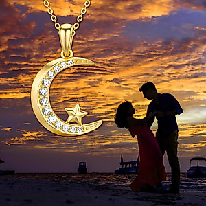 SISGEM 14k Gold Diamond Moon Pendant Necklace for Women, Real Gold Moon and Star Jewelry Anniversary Present for Wife, Gifts for Her, (0.18 ct) 16-18 Inch