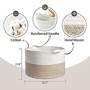 Santasup Large Cotton Rope Basket, Woven Laundry Blanket Basket with Handle, Decorative Storage Collapsible Laundry Hamper for Nursery Baby Toy Clothes Basket 21.7 Inch Brown White