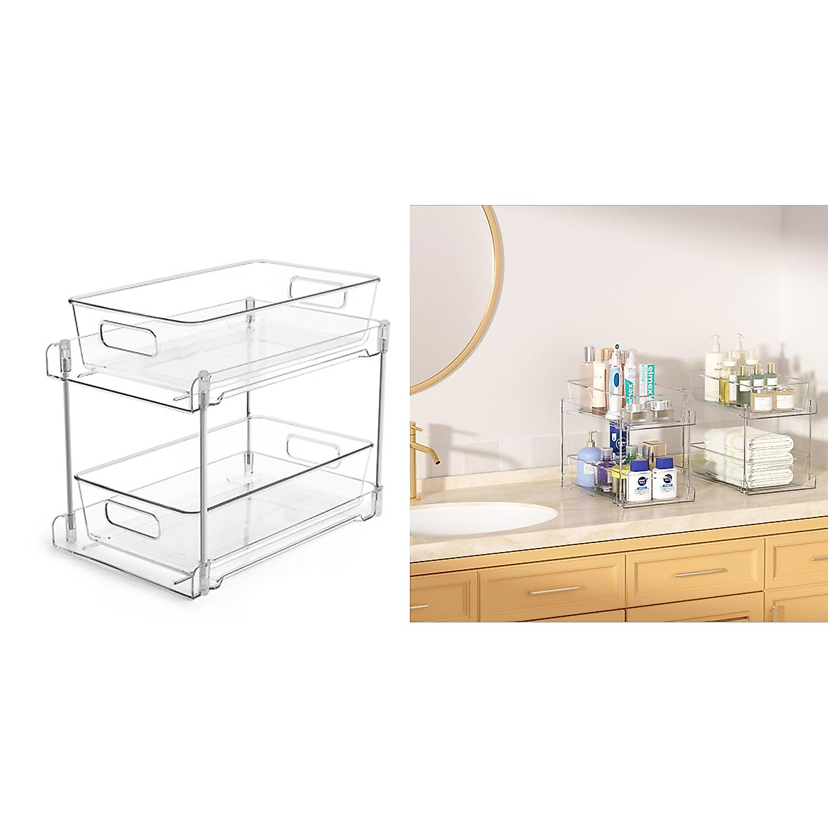 Bottone 2Tier Clear Organizer Under Sink Container Undersink Kitchen Shelf Medicine Cabniet Storage Bins Bottom Sliding Basket Bathroom Standing Space