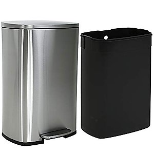 Stainless Steel Kitchen Trash Can with Soft Slow Lid Pedal Step 13 Gallon / 50 Liter Garbage Can Removable Plastic Inner Bucket Trash Bin for Bathroom Kitchen and Office Large Trash Bin,Silver